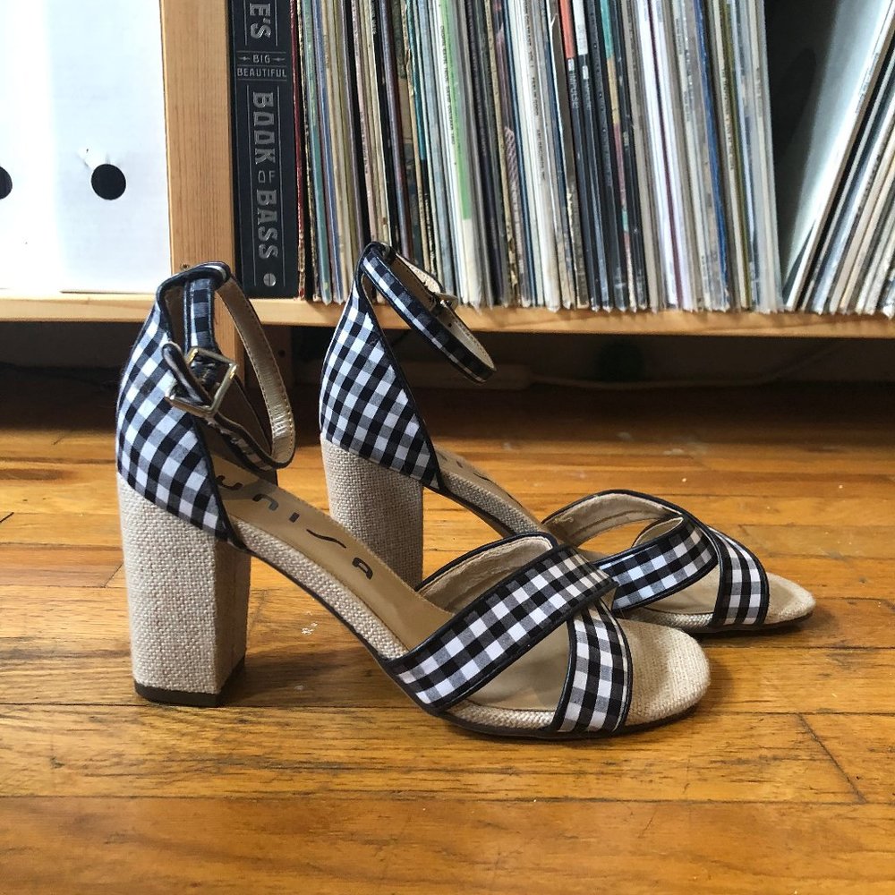 Gingham Block Heel Sandals - Gem